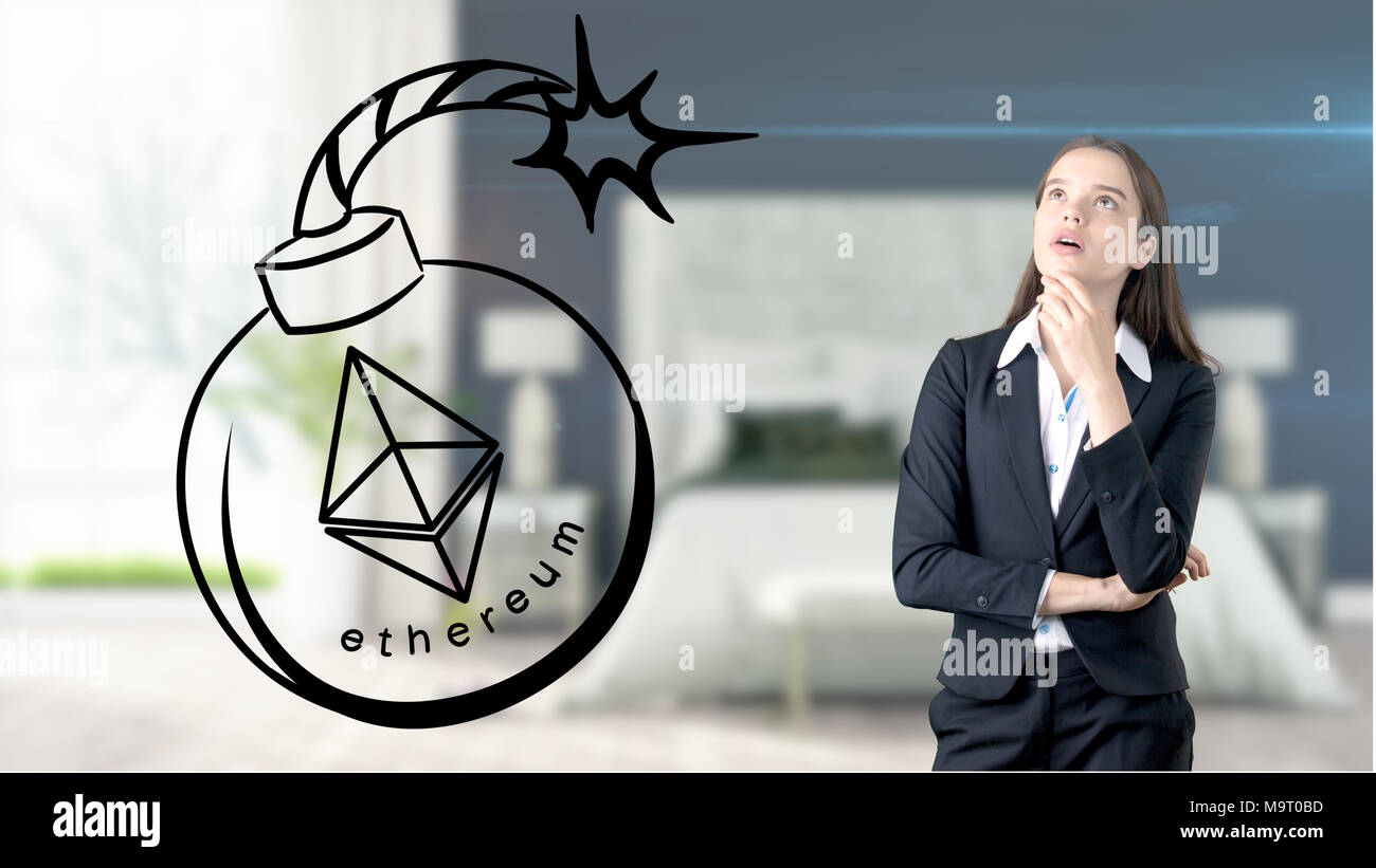 Ethereum sketch with young businesswoman in a suit with longhair and ...