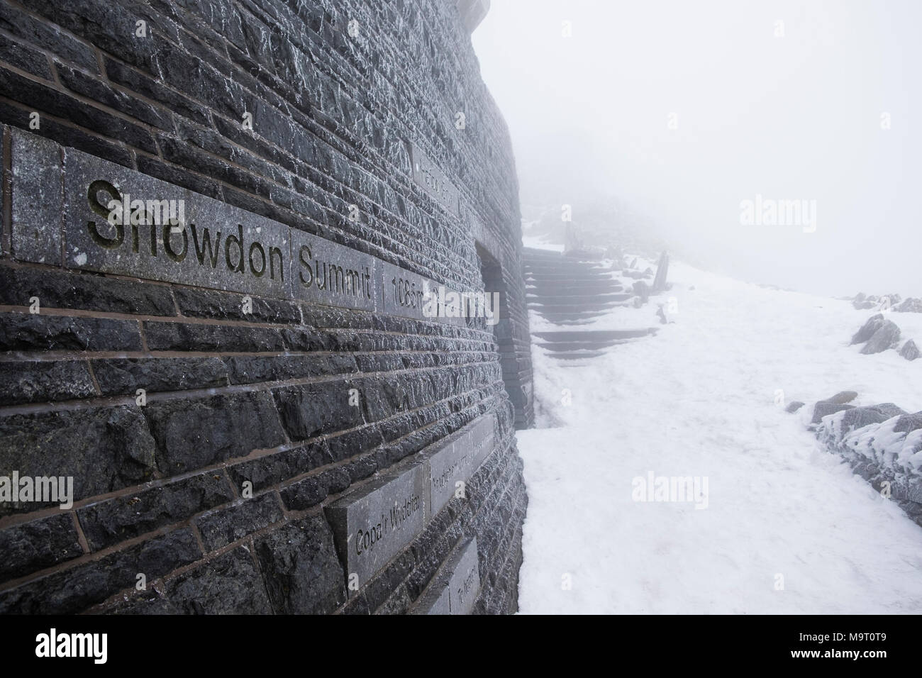 Mount Snowdon Summit Cafe, in winter conditions, Snowdonia North Wales ...
