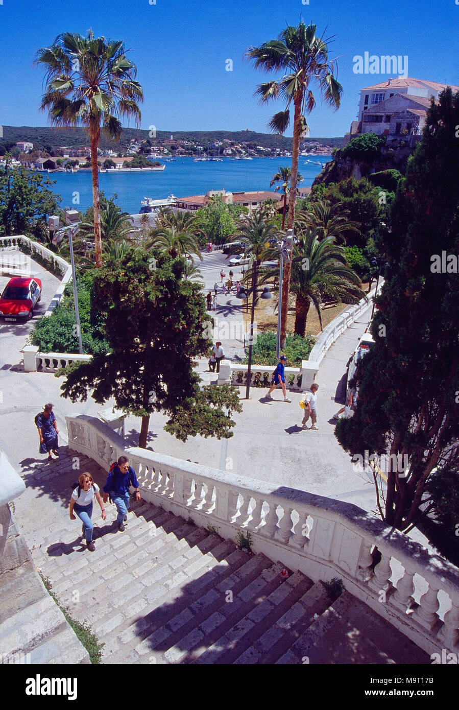 Staircase and view of the harbour. Mahon, Menorca island, Balearic ...
