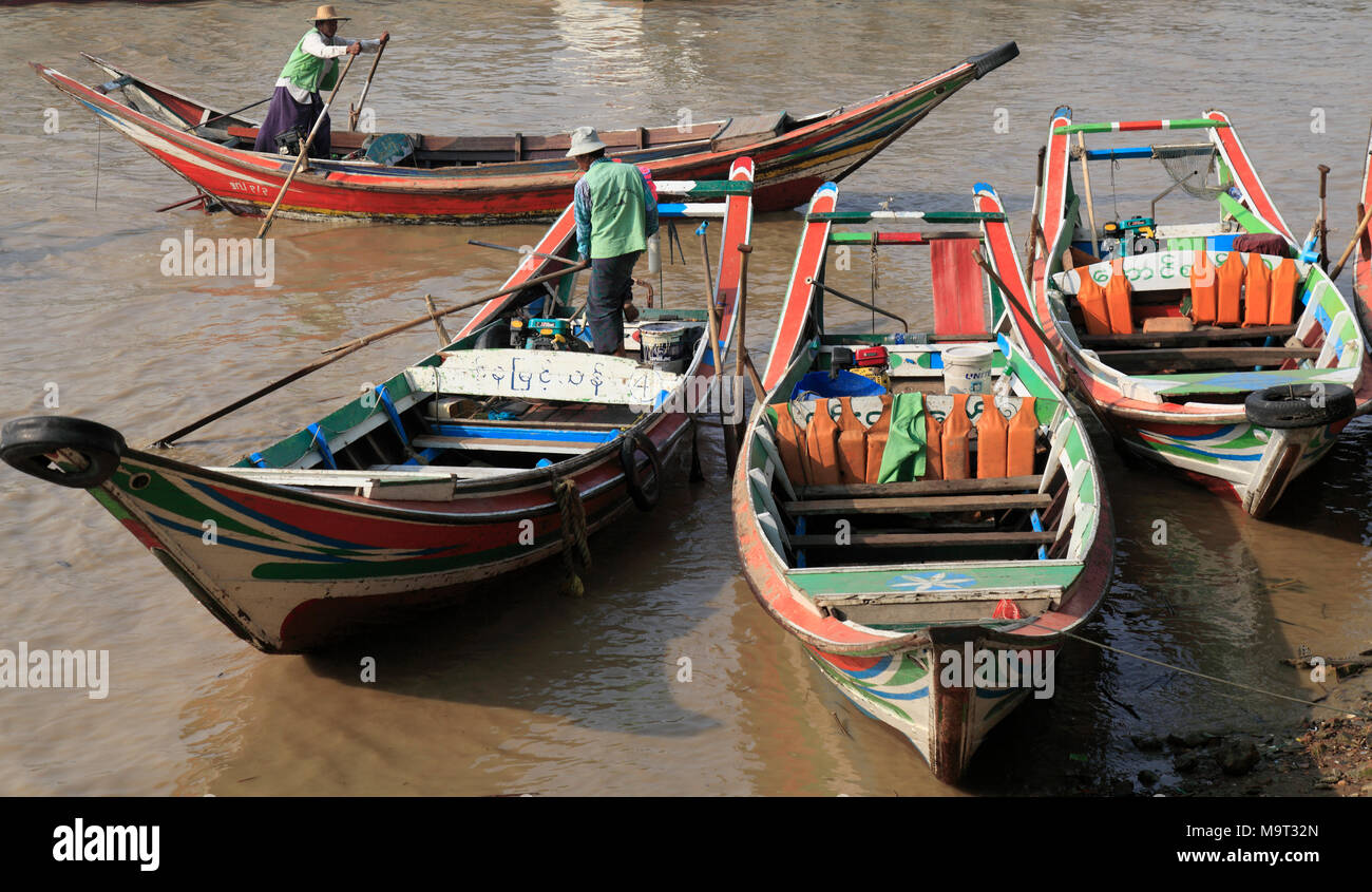 Myanmar, Yangon, boats, people, Yangon River, Pansodan Jetty Stock ...