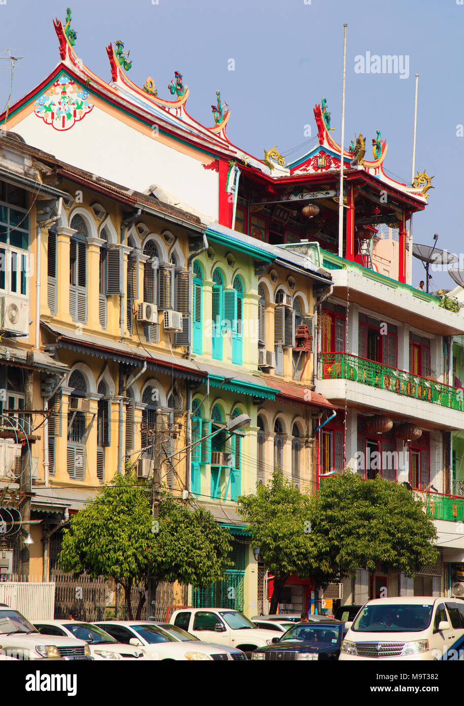 Myanmar, Yangon, Chinatown, street scene, Chinese architecture Stock ...