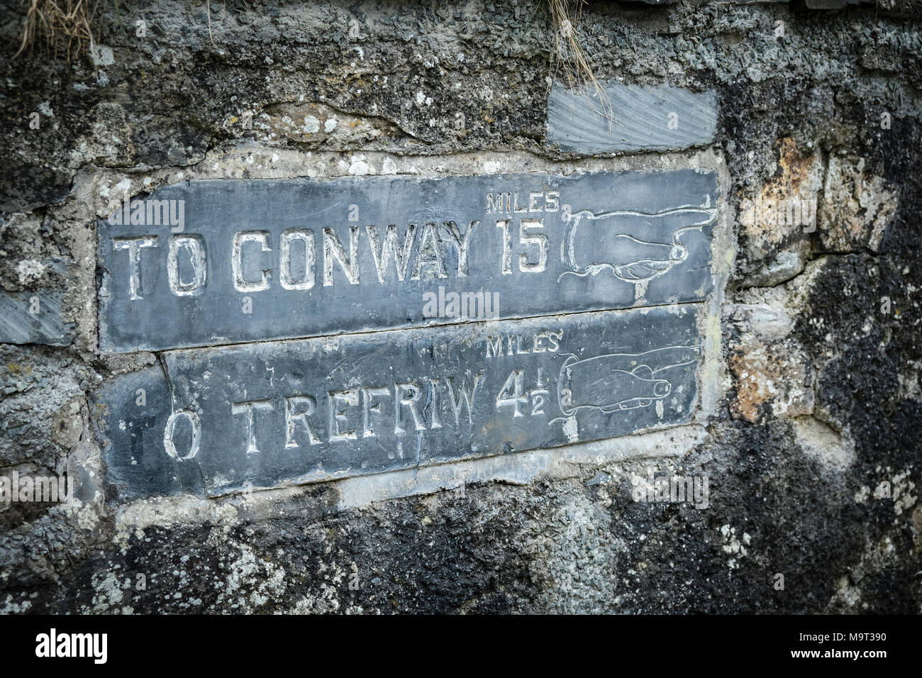 Sign pointing the direction to Conway and Trefriw in Betws-Y-Coed ...