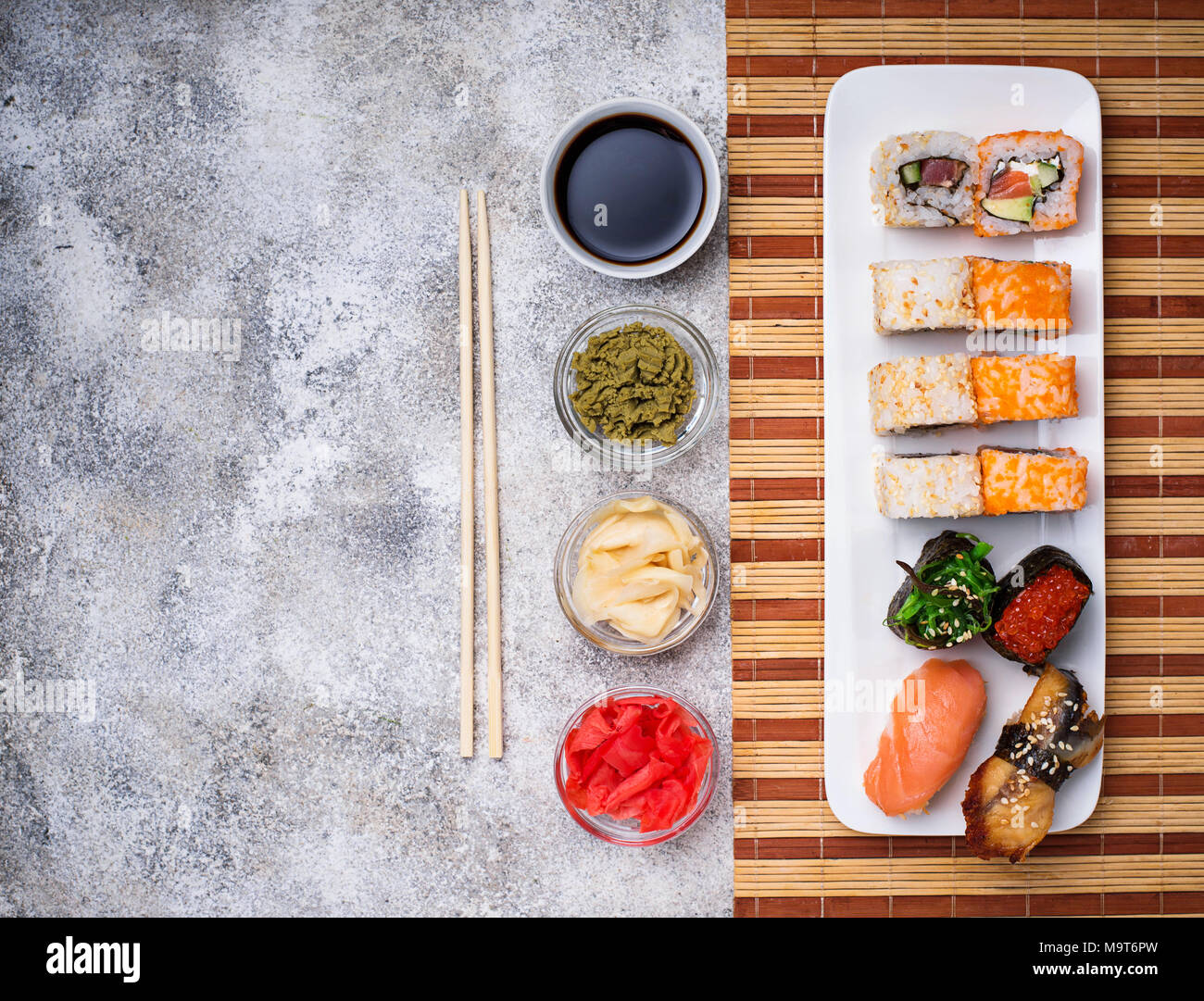 Sushi roll set with wasabi, ginger and soy sauce Stock Photo - Alamy