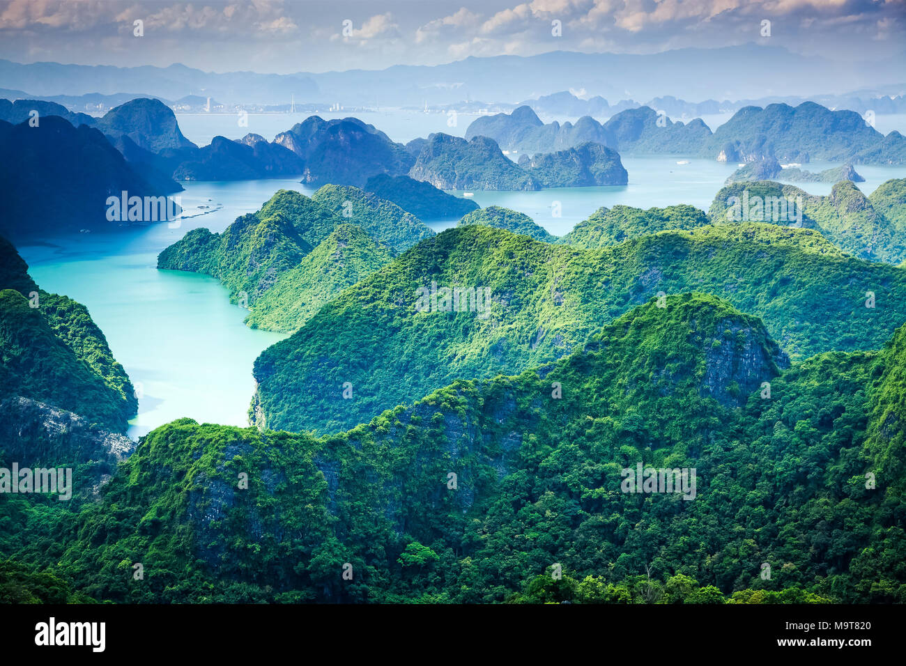 scenic view over Ha Long bay from Cat Ba island, Ha Long city in the ...