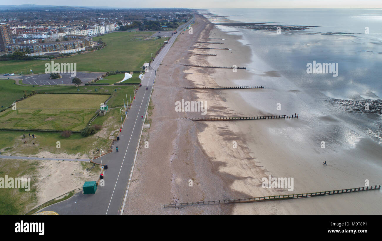 aerial view of littlehampton beach by drone on the west sussex coast ...