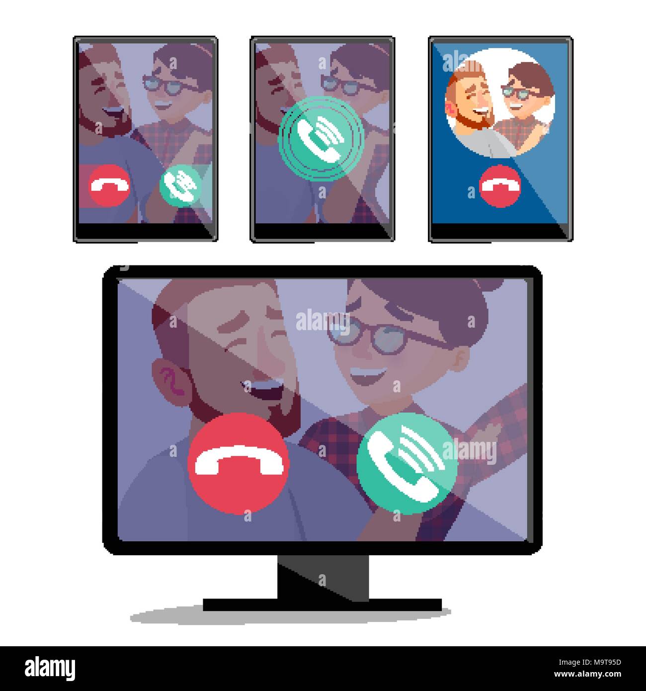 IP Telephony Vector. Desktop Pc Display Monitor Screen And Tablet ...