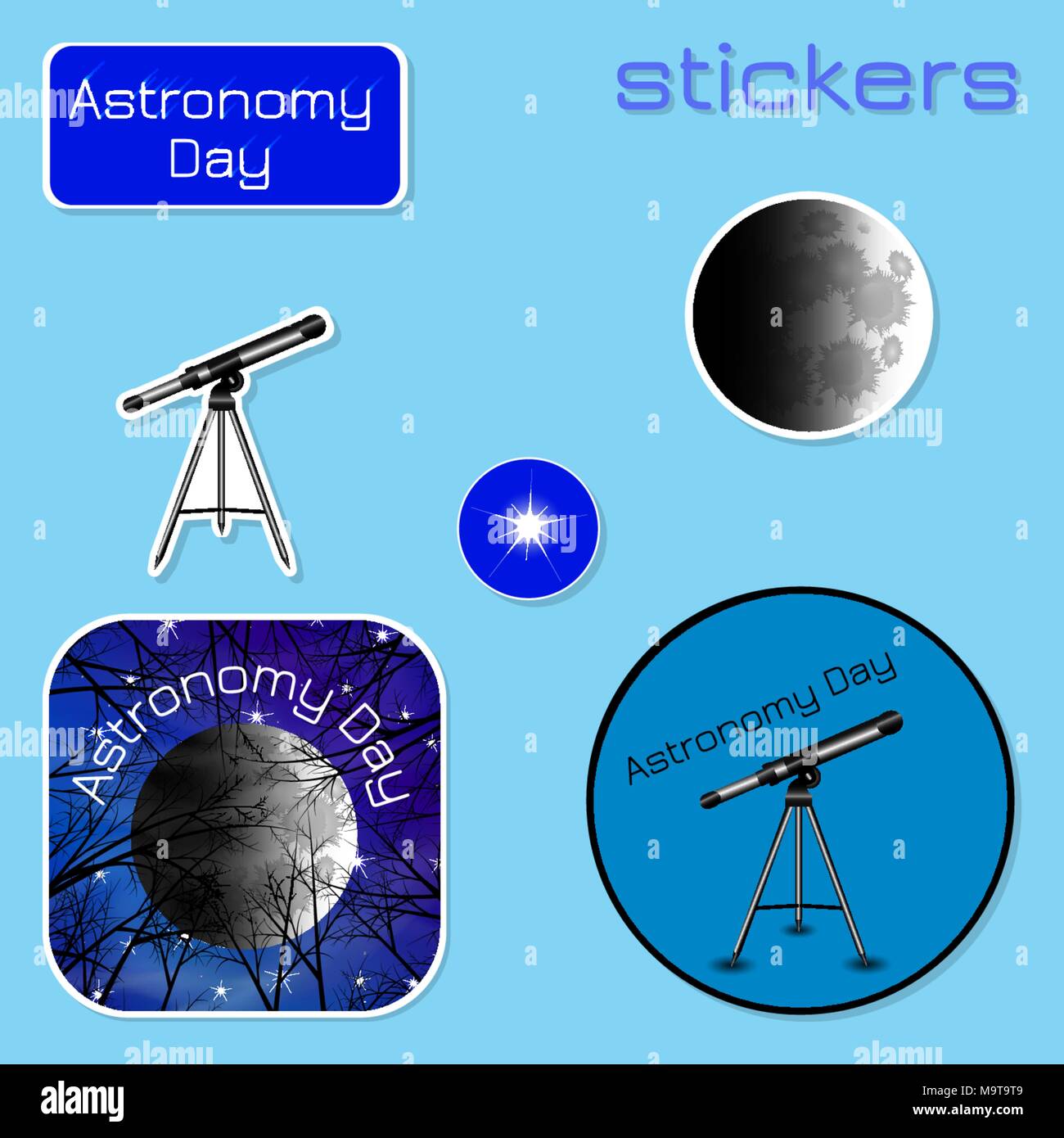 Astronomy Day. Stickers in shades of blue - telescope, moon, star, text ...