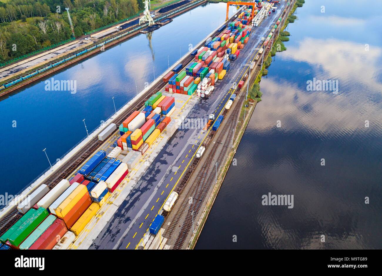 Cargo river harbour with shipping containers. Logistics centre Stock ...