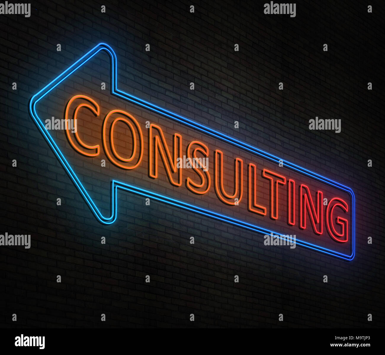 3d Illustration depicting an illuminated neon sign with a consulting ...
