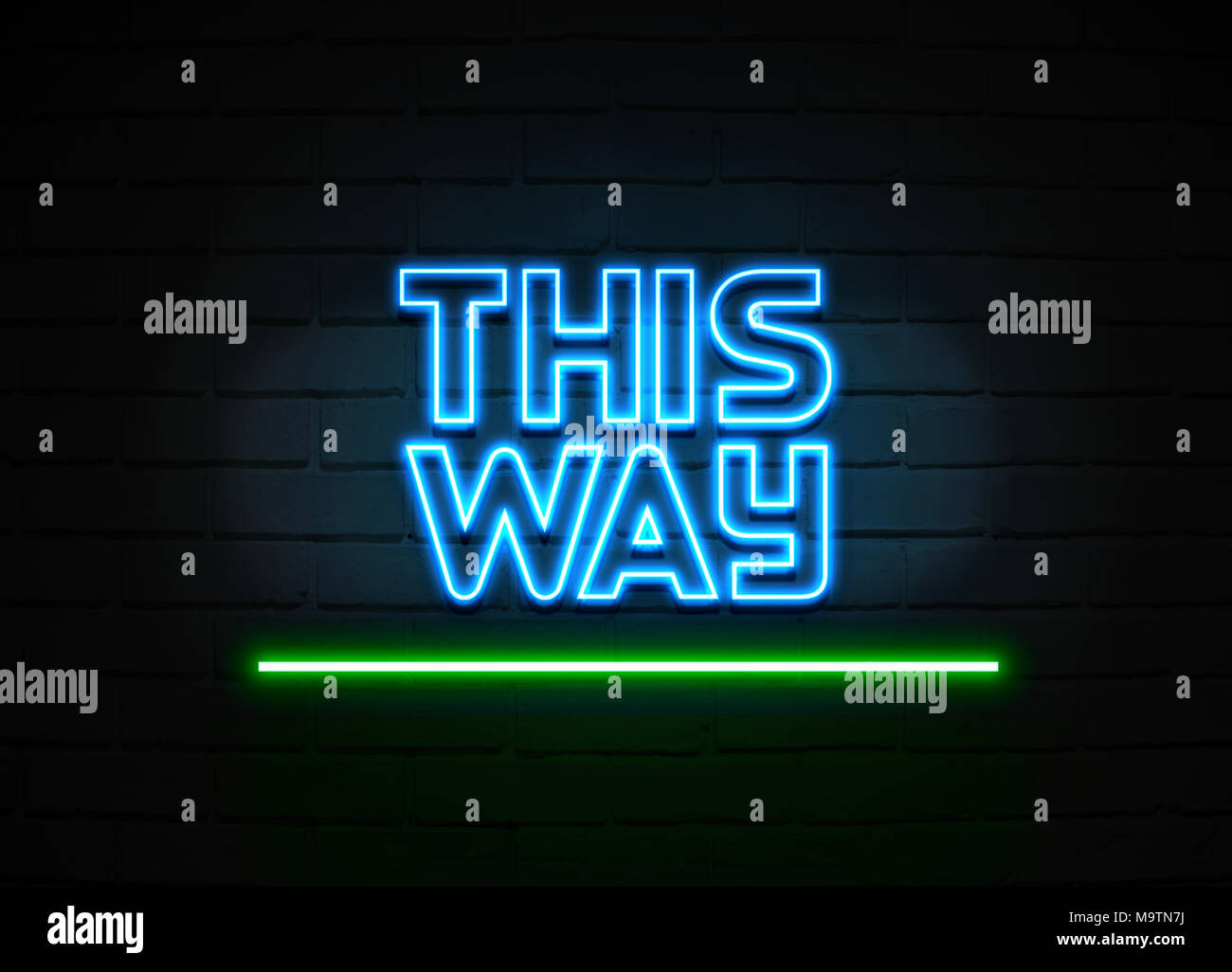 This Way neon sign - Glowing Neon Sign on brickwall wall - 3D rendered ...