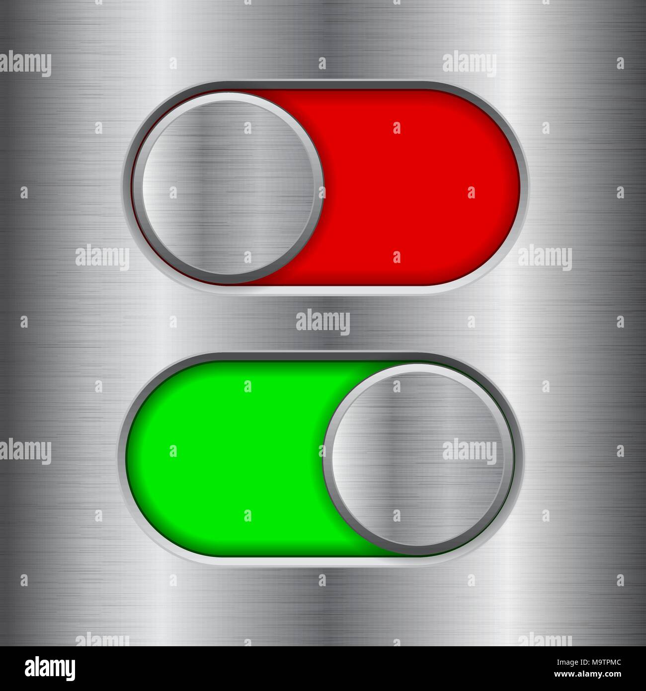 On and Off round slider buttons. Red and green metal switch interface ...