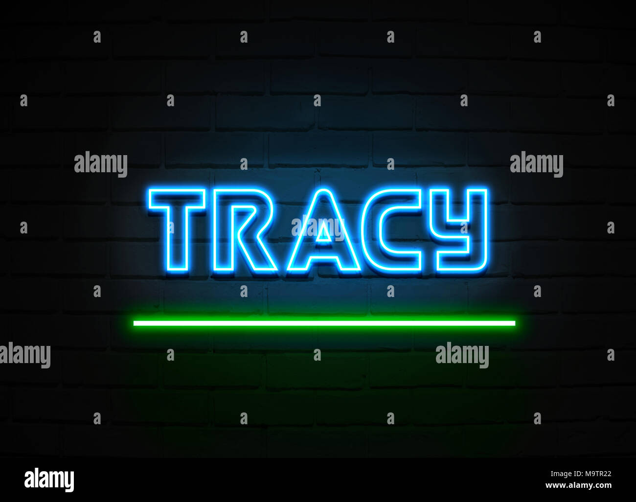 Tracy neon sign - Glowing Neon Sign on brickwall wall - 3D rendered ...