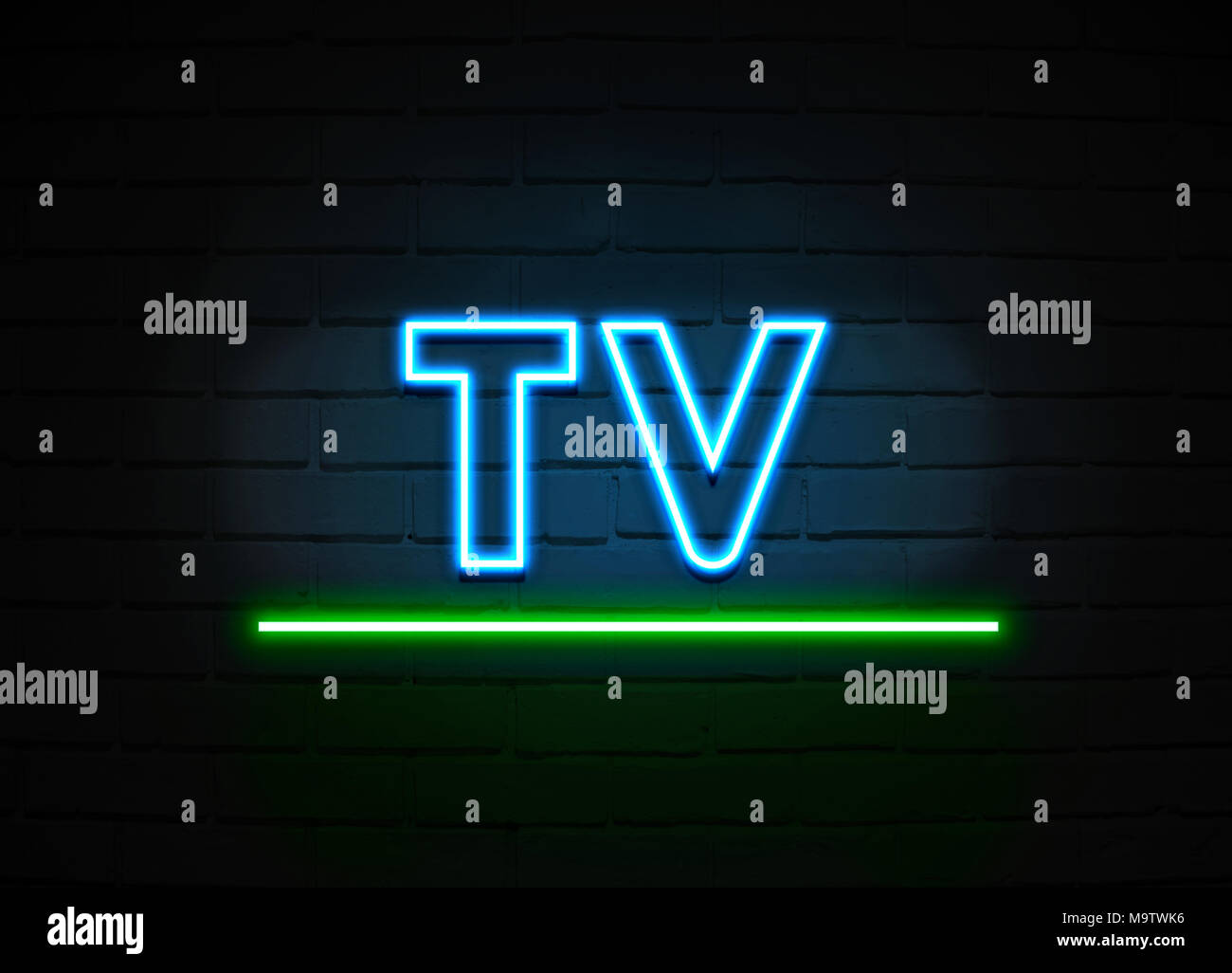 Tv neon sign - Glowing Neon Sign on brickwall wall - 3D rendered ...