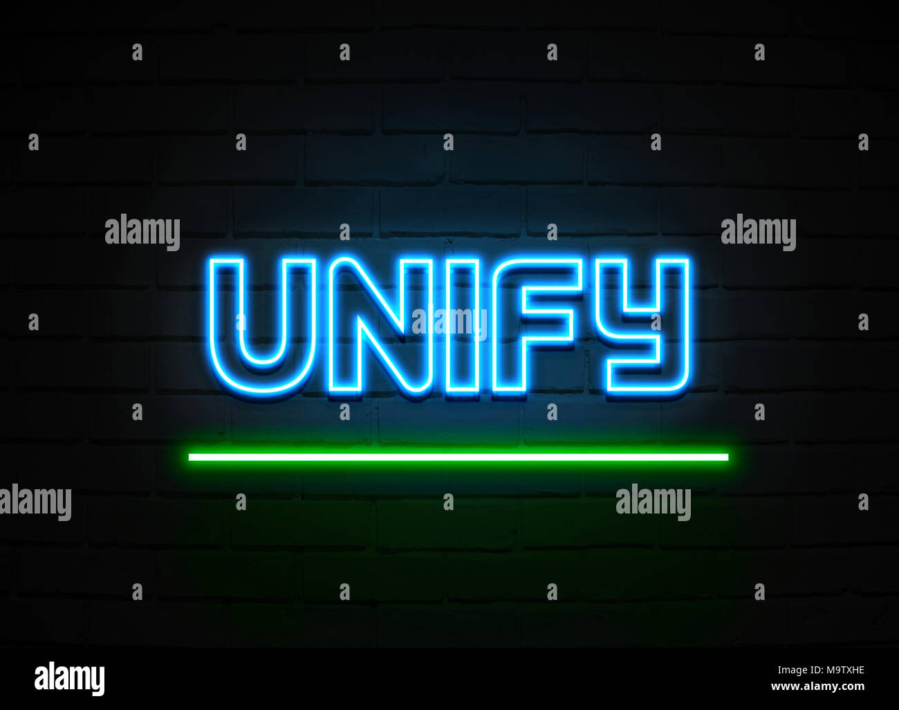 Unify neon sign - Glowing Neon Sign on brickwall wall - 3D rendered royalty free stock ...