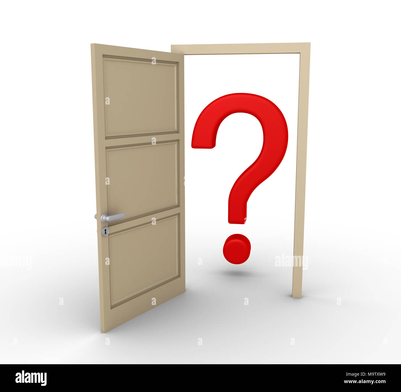 3d door is open and a question mark symbol is behind it Stock Photo - Alamy