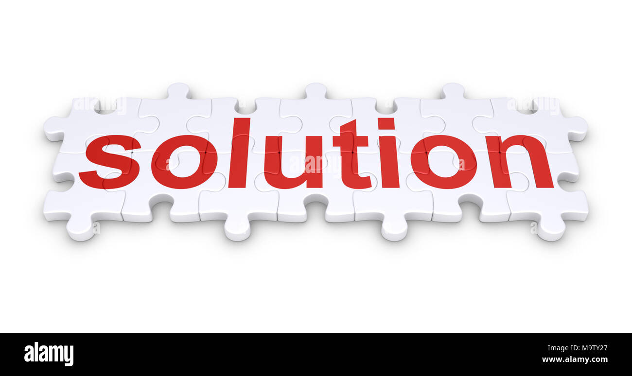 Puzzle pieces connected to form a "solution" word Stock Photo - Alamy