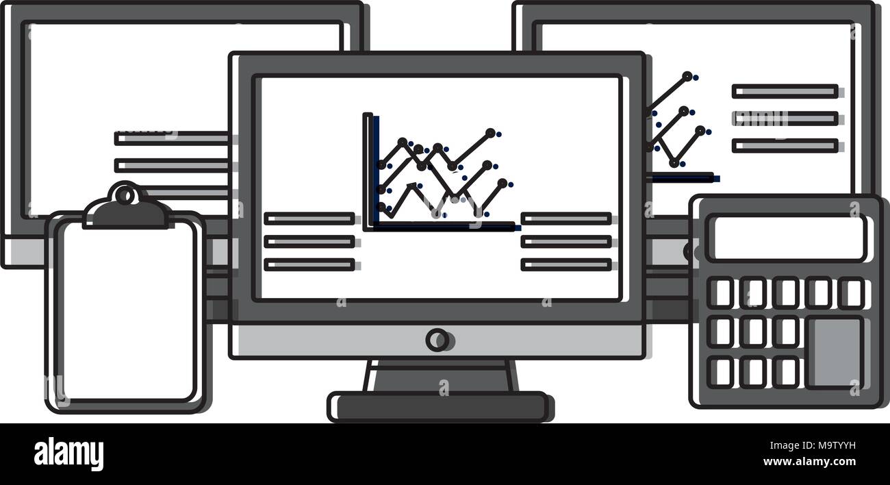 monitor computer tech with calculator and statistics Stock Vector Image ...