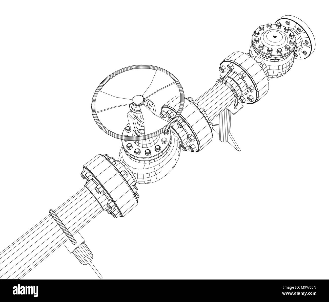 Wire-frame industrial valves. 3d rendering on white background Stock ...