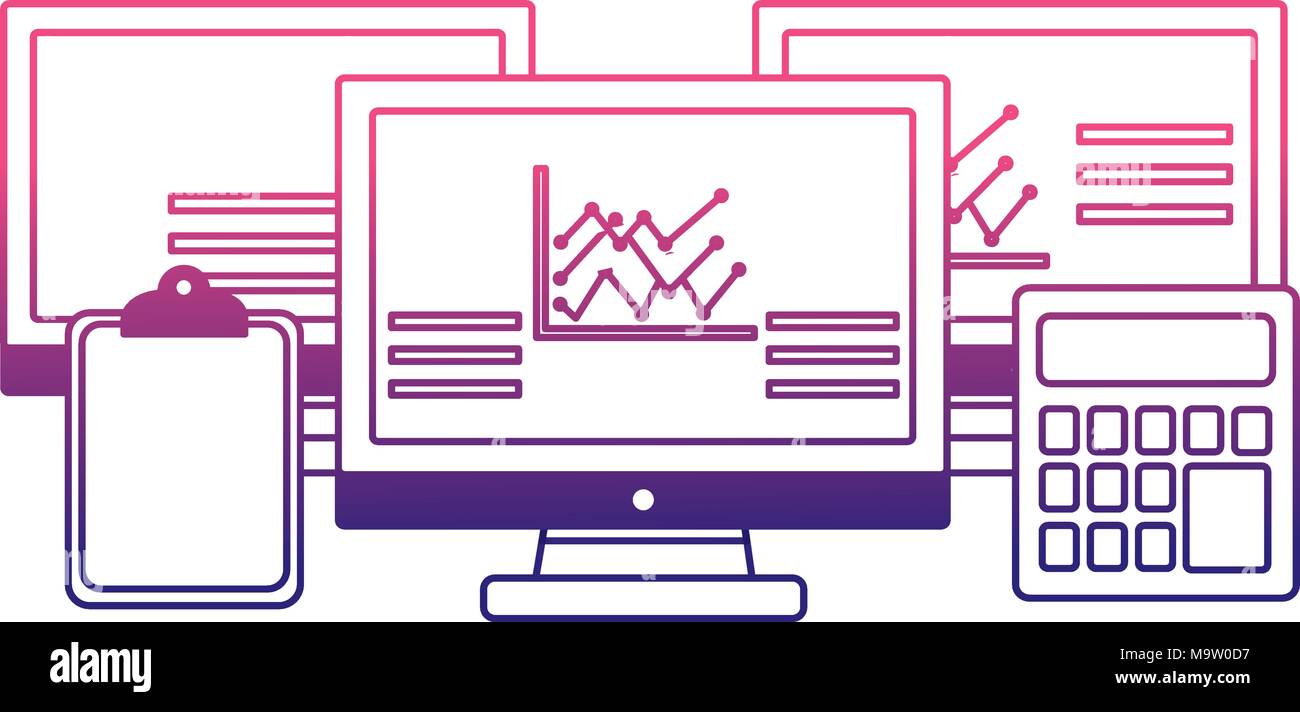 monitor computer tech with calculator and statistics Stock Vector Image ...