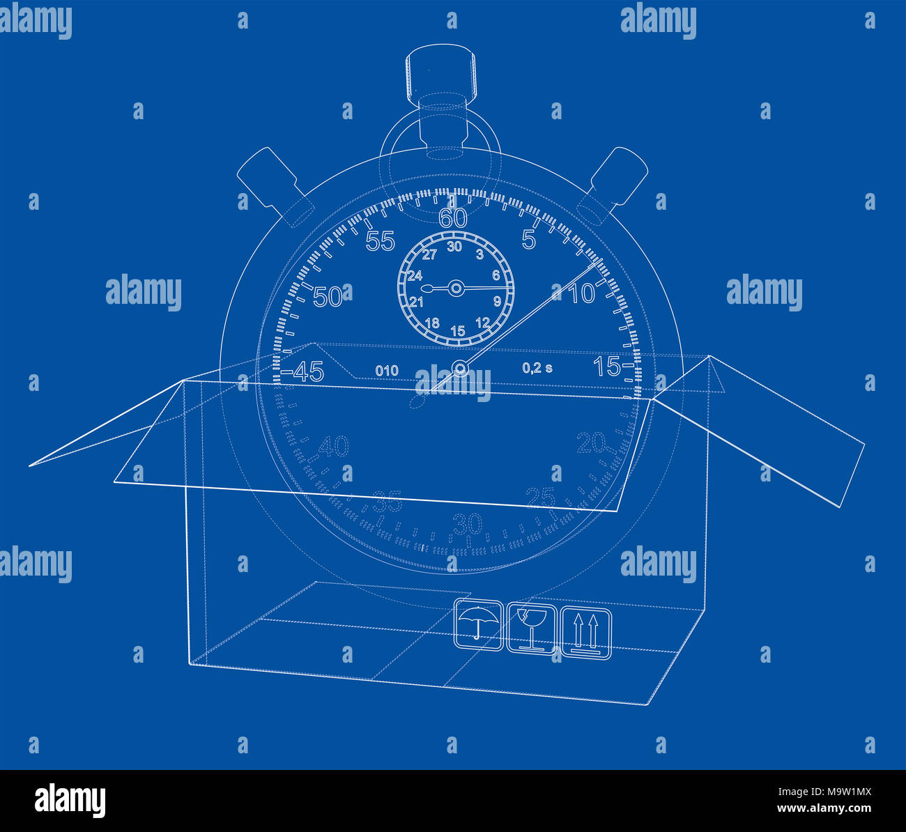 Stopwatch with cardboard box sketch. 3d rendering. Wire-frame style ...