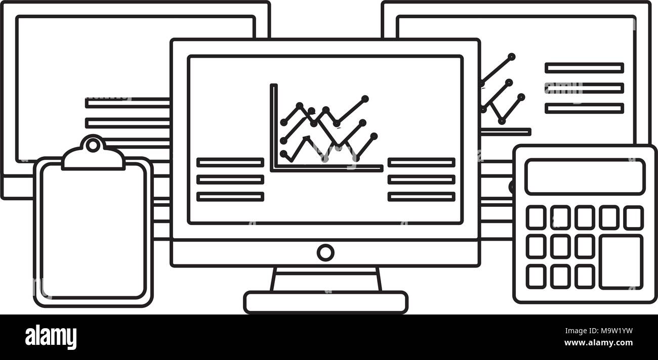 monitor computer tech with calculator and statistics Stock Vector Image ...