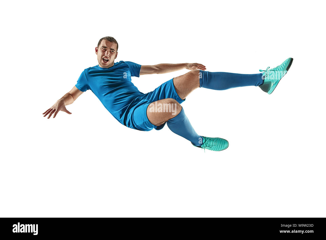 Professional football soccer player in motion isolated white studio ...