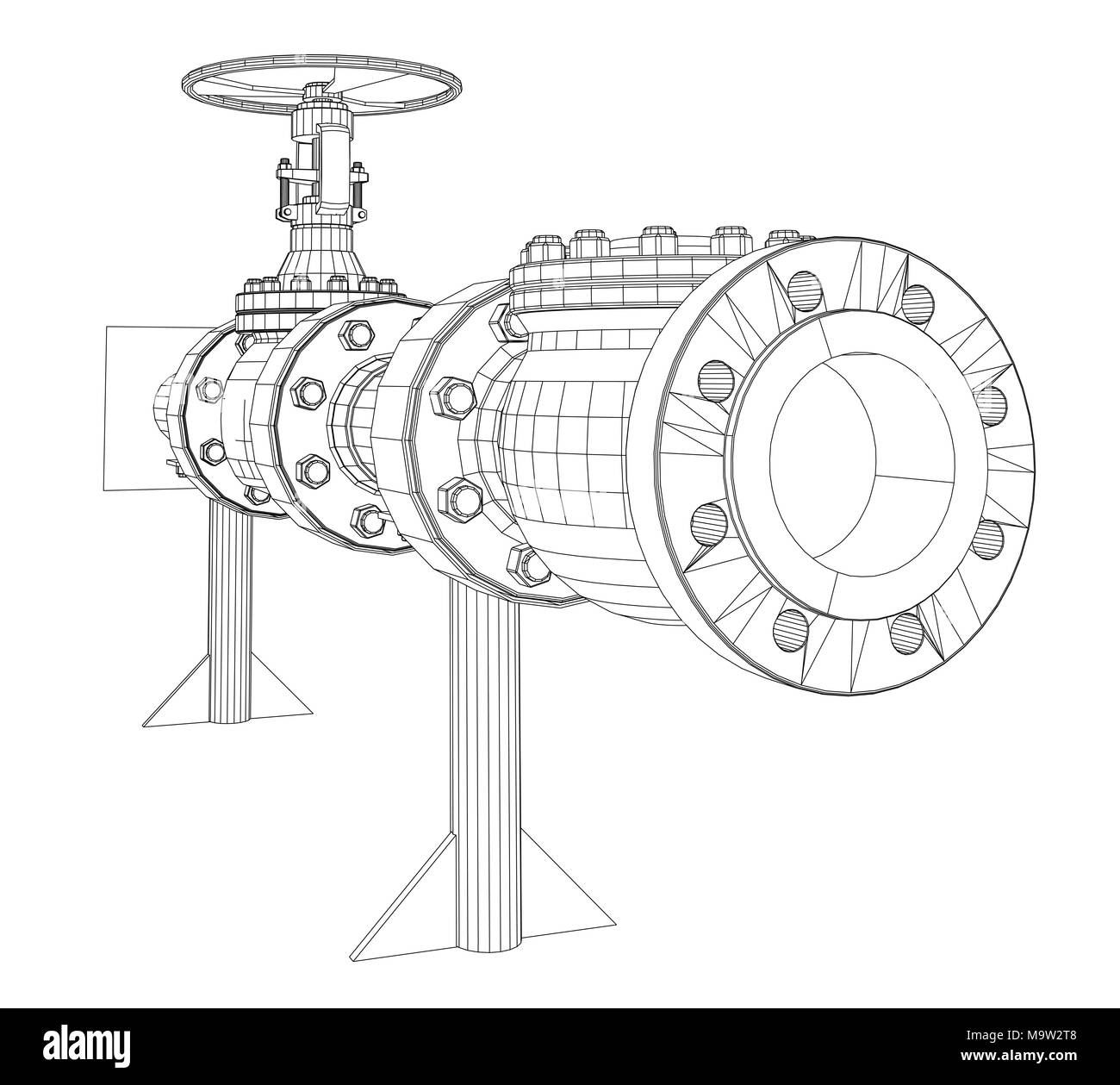 Wire-frame industrial valves. 3d rendering on white background Stock ...