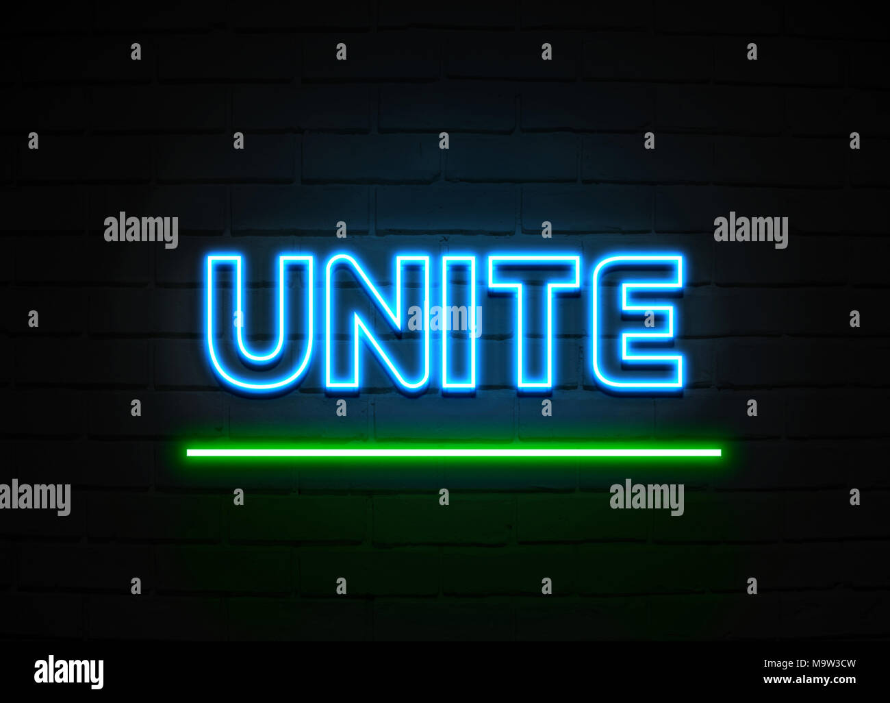 Unite neon sign - Glowing Neon Sign on brickwall wall - 3D rendered ...