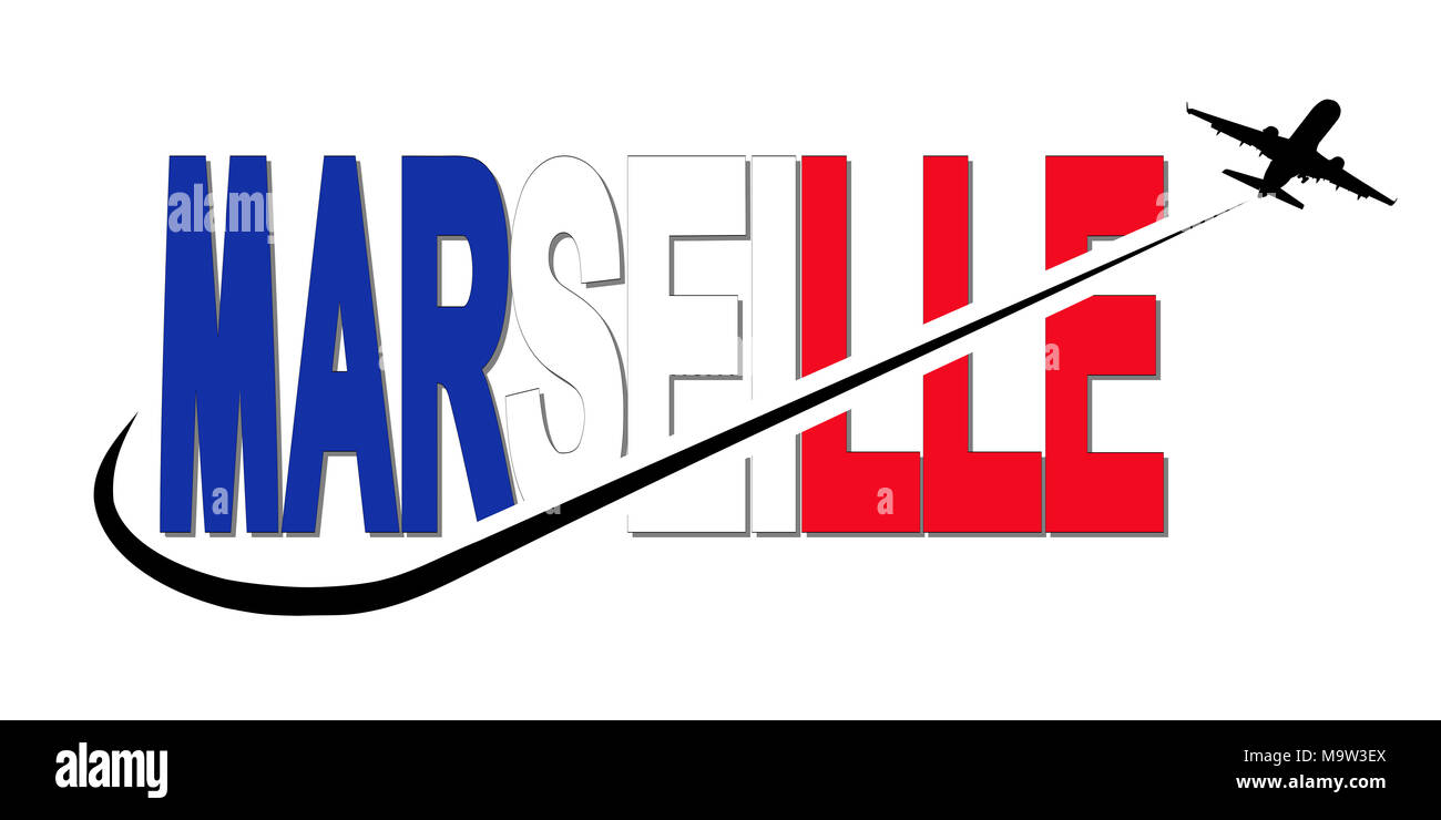 Marseille flag text with plane silhouette and swoosh illustration Stock ...