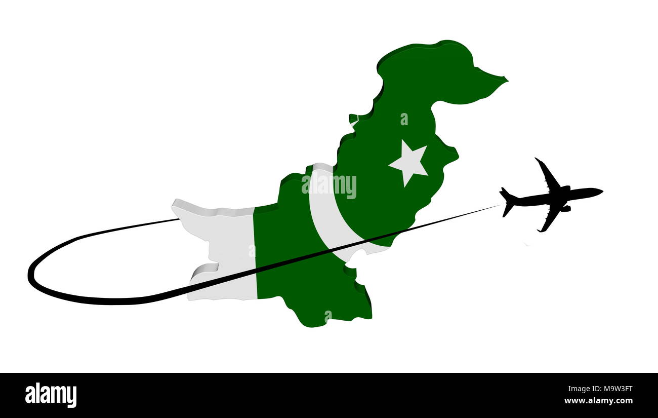 Pakistan map flag with plane silhouette and swoosh illustration Stock ...