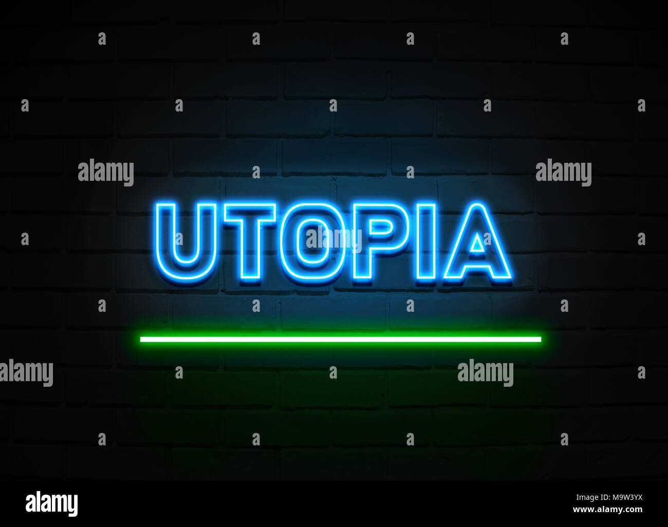 Utopia neon sign - Glowing Neon Sign on brickwall wall - 3D rendered ...
