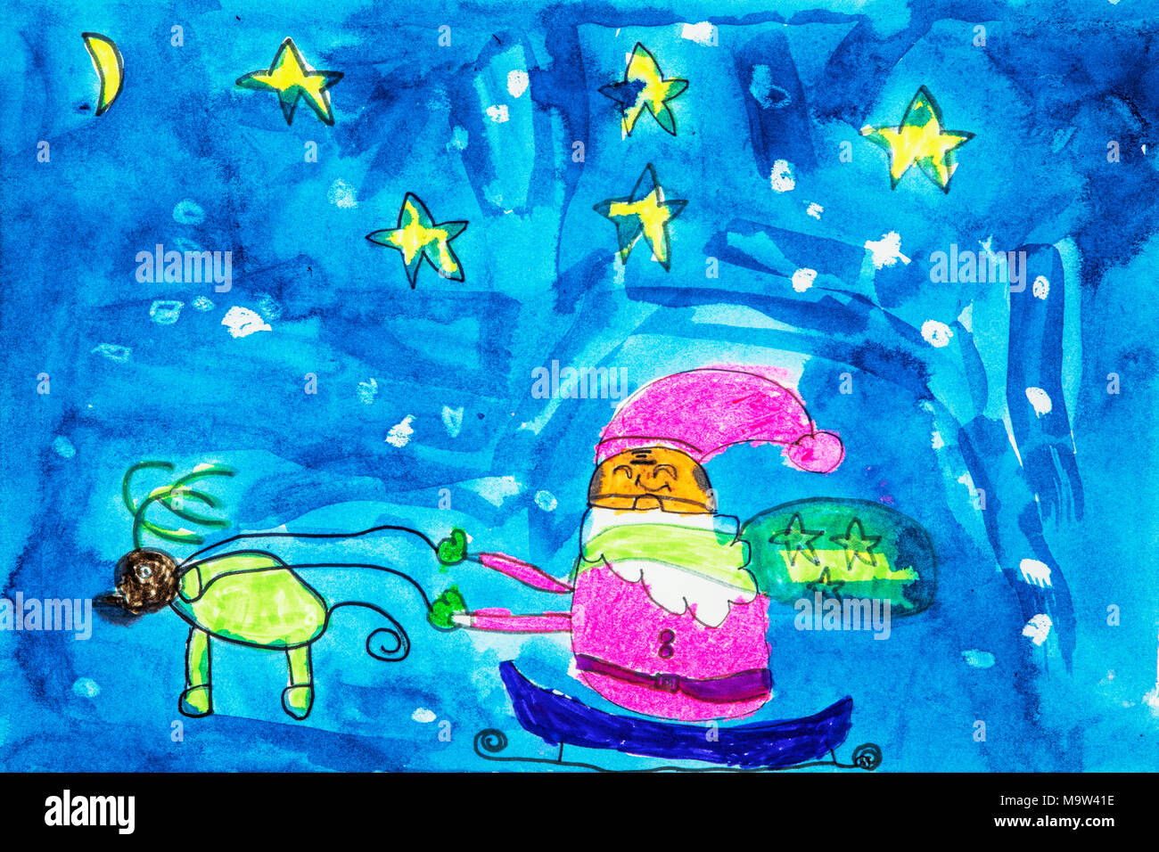 Childs watercolor drawing of Santa Claus in the winter Stock Photo - Alamy