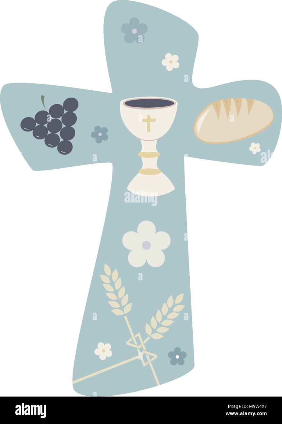 Christian cross with chalice grapes bread and wheat ear. Multiple ...