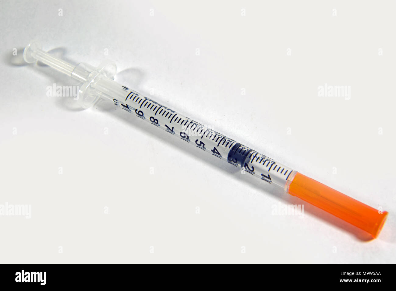 Close up studio shot of a hypodermic syringe and needle on a white ...