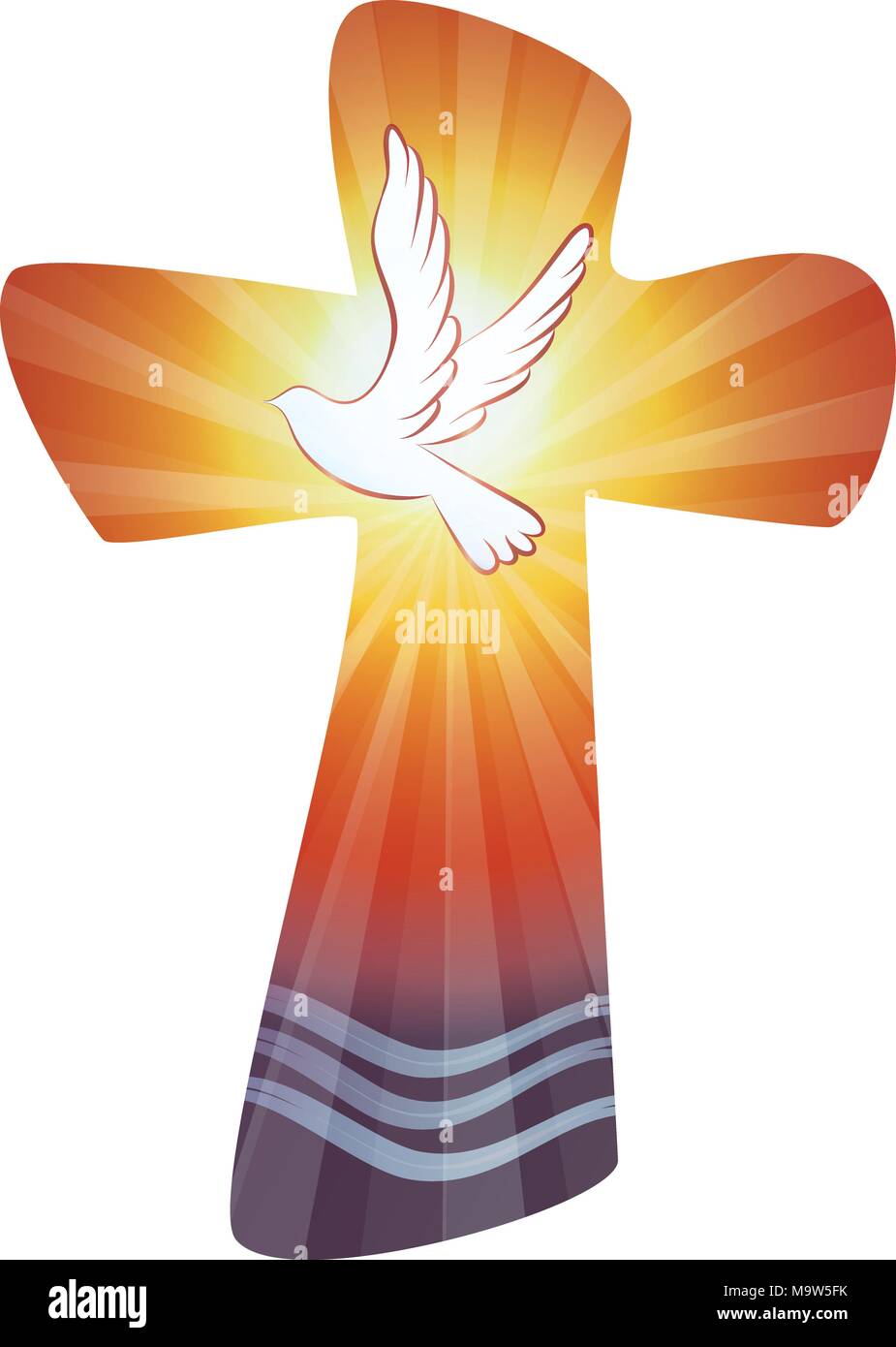 Baptism Christian cross with water waves and dove on sunset background ...
