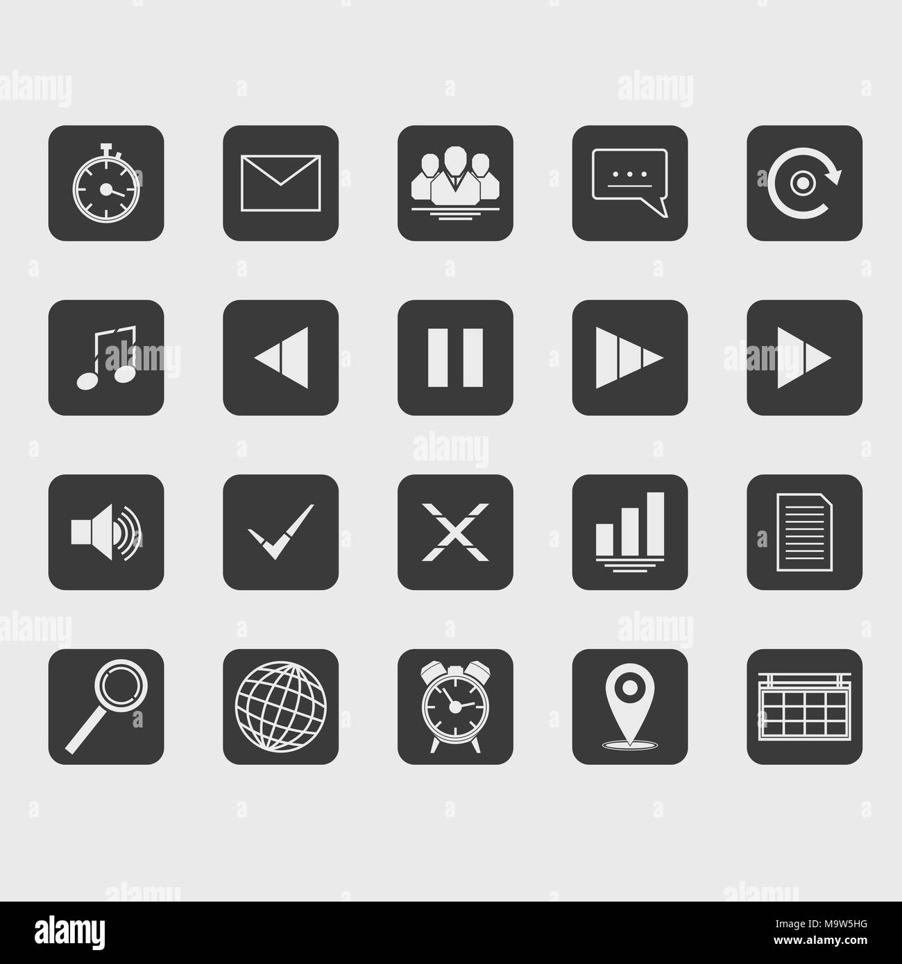 Set of white flat icons in dark rounded rectangle on white background ...