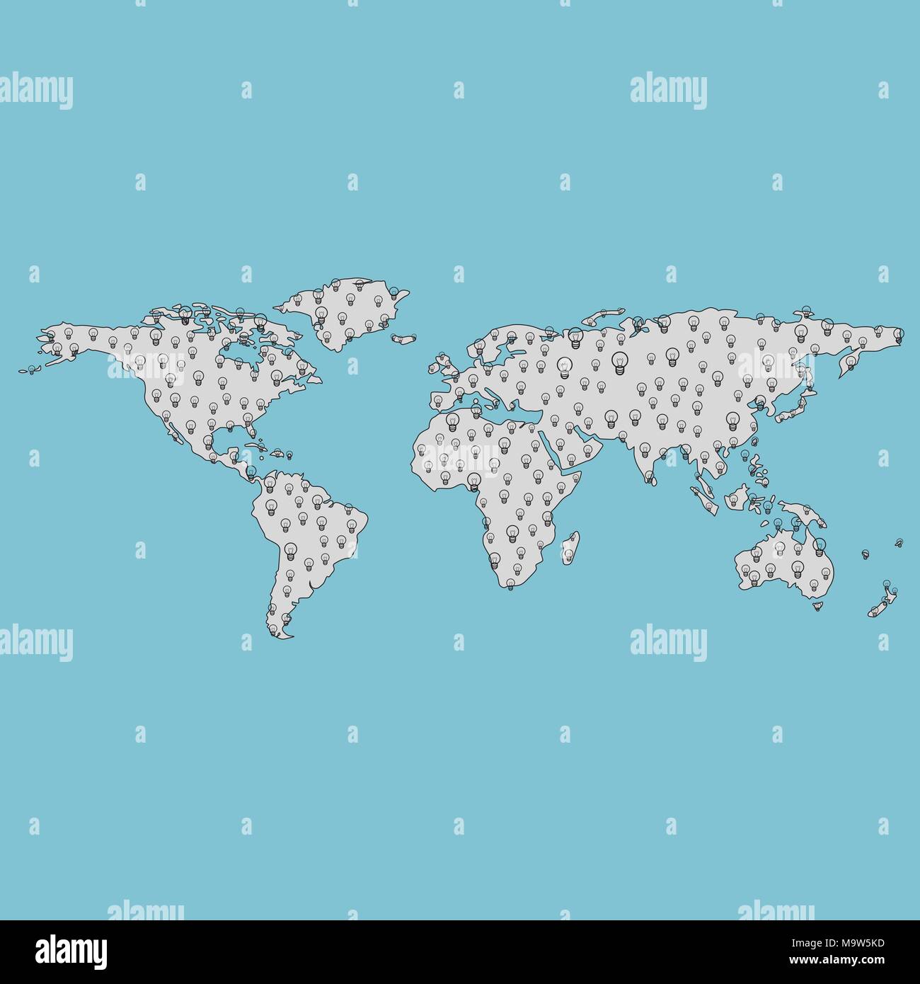 A world map on a blue background with light bulbs covering the whole ...