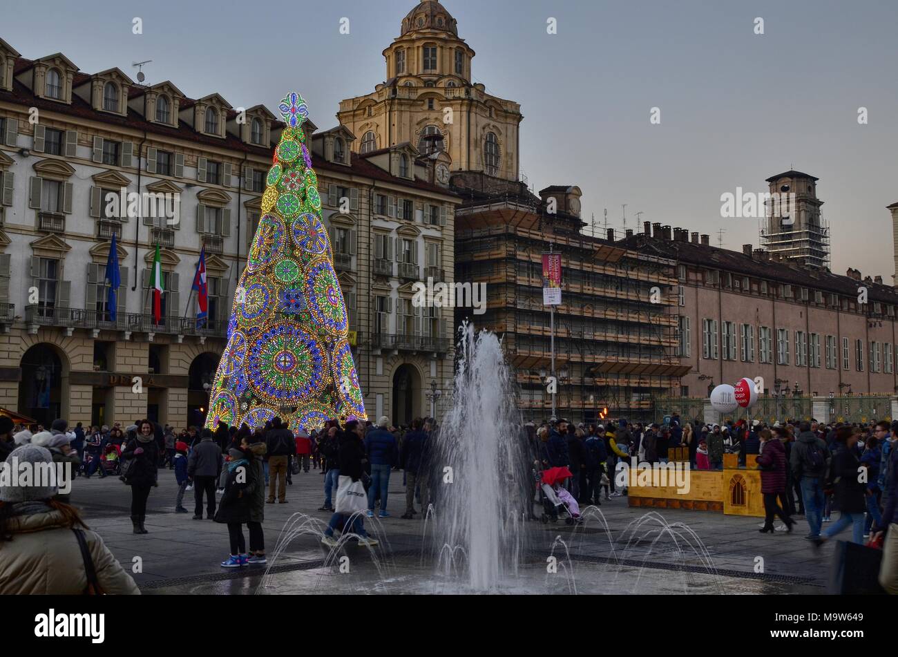 Turin, Italy, Piedmont, December 8 2017. Piazza Castello adorned with ...
