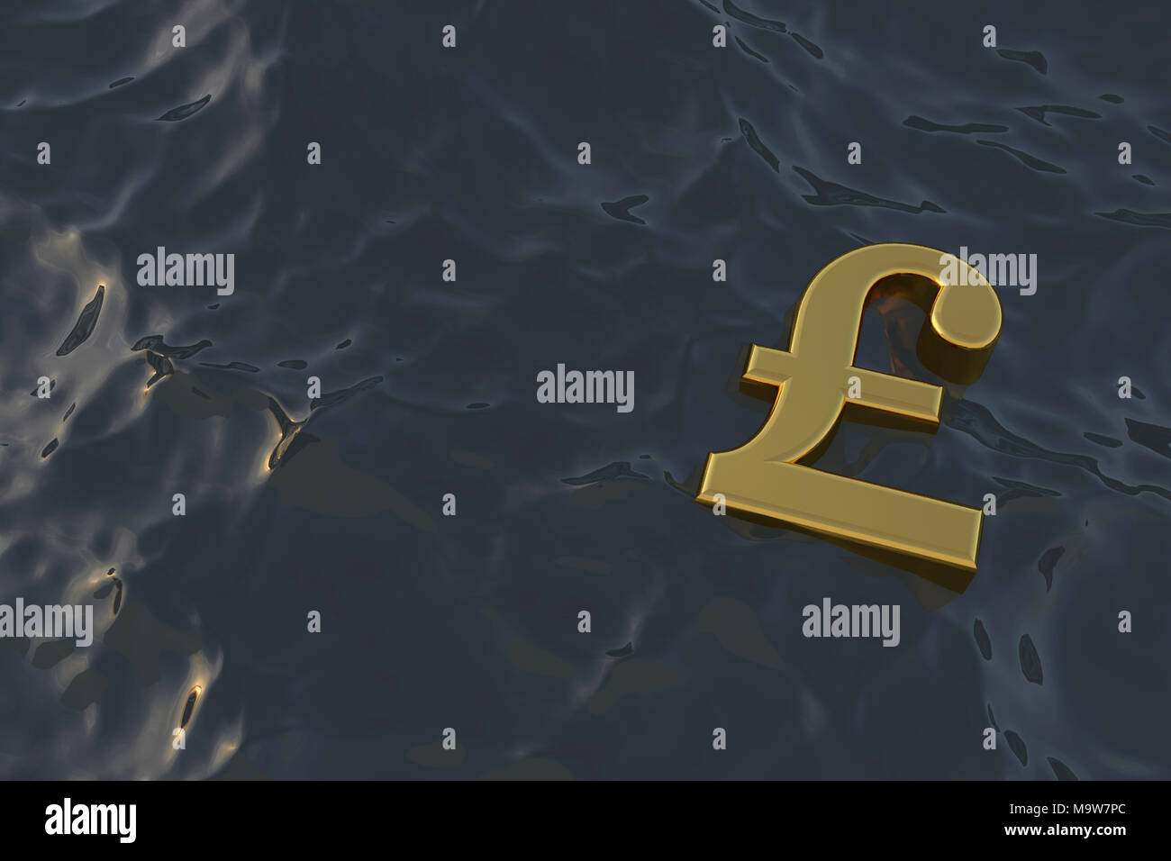 British pound sterling symbol at sea. Drowning in debt financial ...
