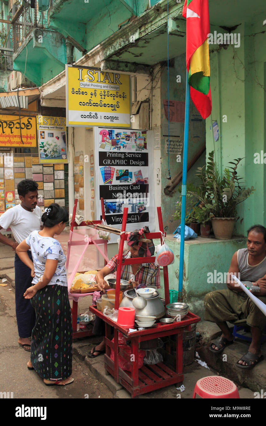 Myanmar, Yangon, street scene, shops, people, street food Stock Photo ...