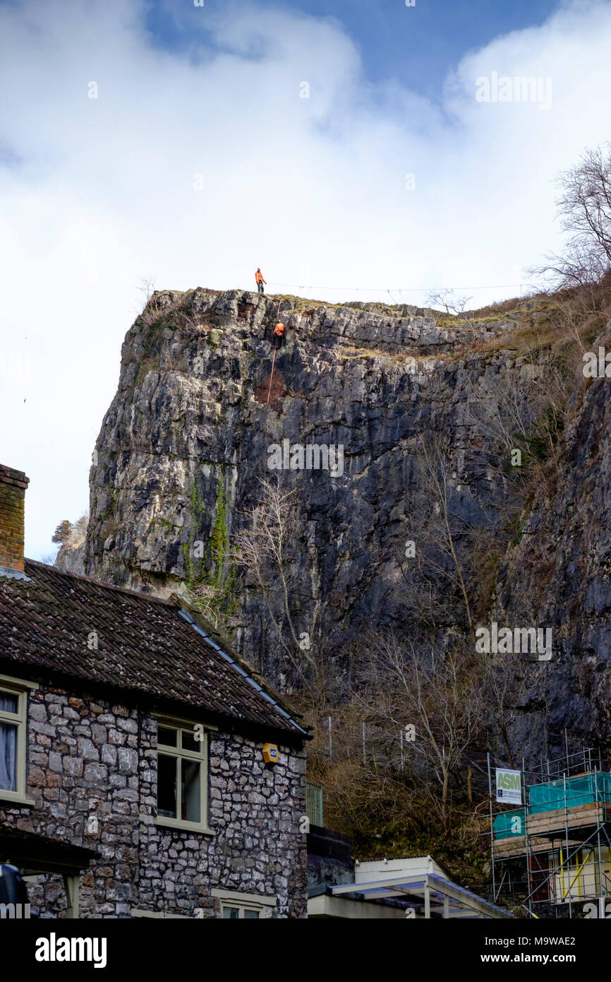 Rope Technician form Vector Rope Access inspects Cheddar Gorge Stock ...