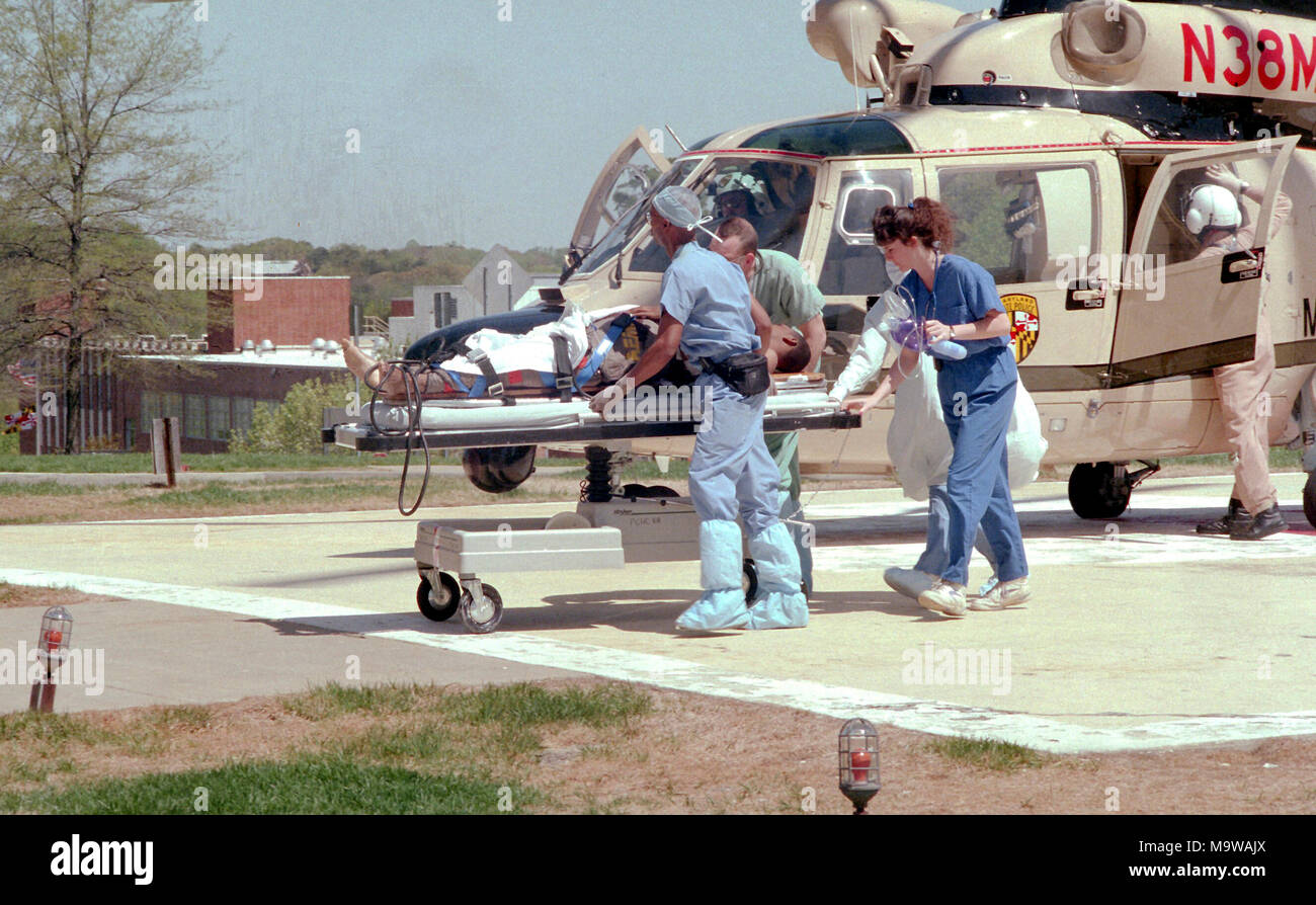 Medics and nurses rush a critically injured from a medivac helicopter ...