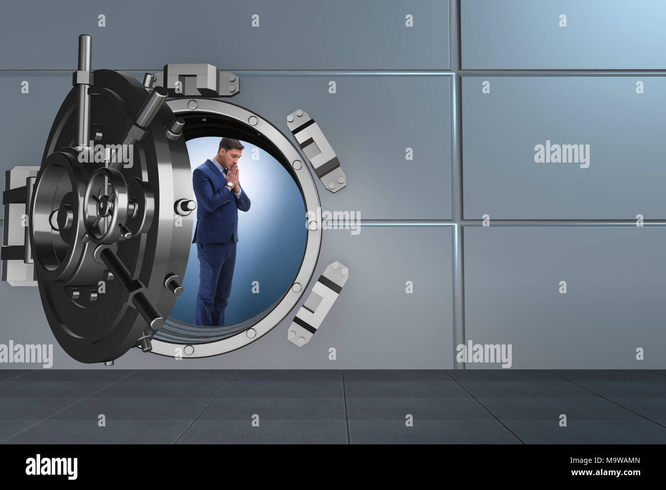Businessman concerned about theft at banking vault door Stock Photo - Alamy