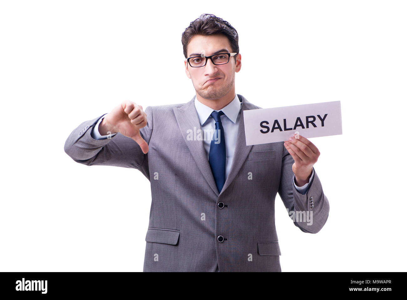 Businessman asking for salary increase isolated on white background ...