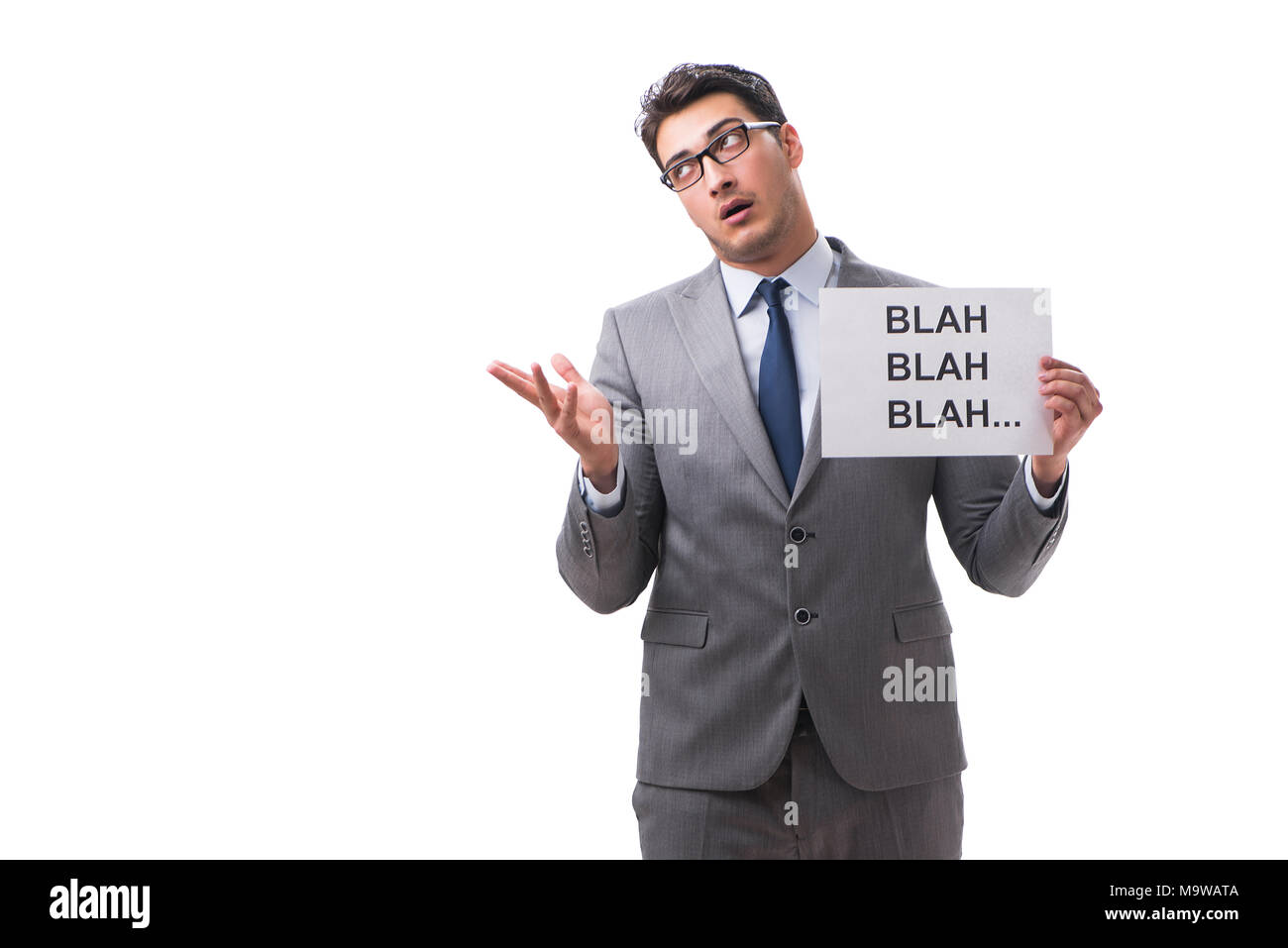 Businessman telling lies isolated on white background Stock Photo - Alamy