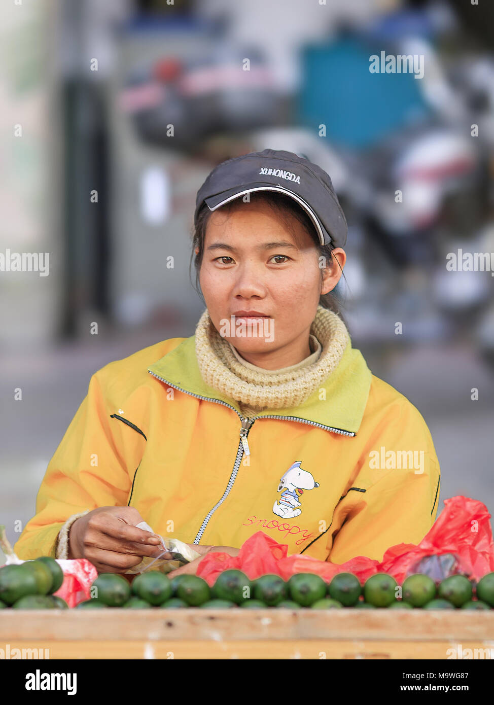 LISHUI-CHINA-JANUARY 19, 2008. Female vendor on a market. Chinese women ...