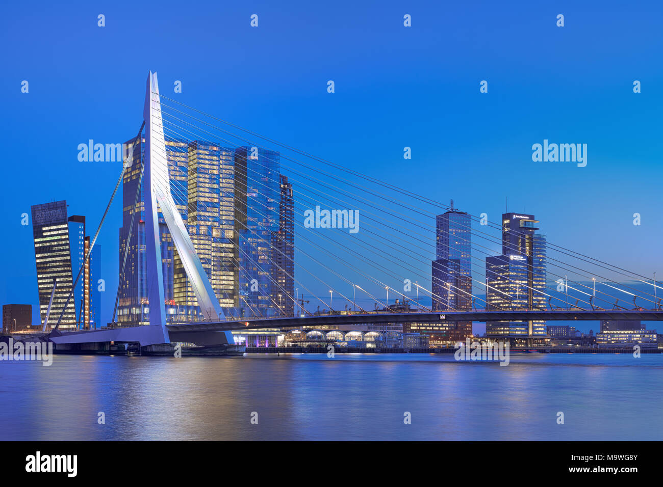 ROTTERDAM- FEBRUARY 7, 2018. The Erasmus Bridge at dusk. The 284m long ...