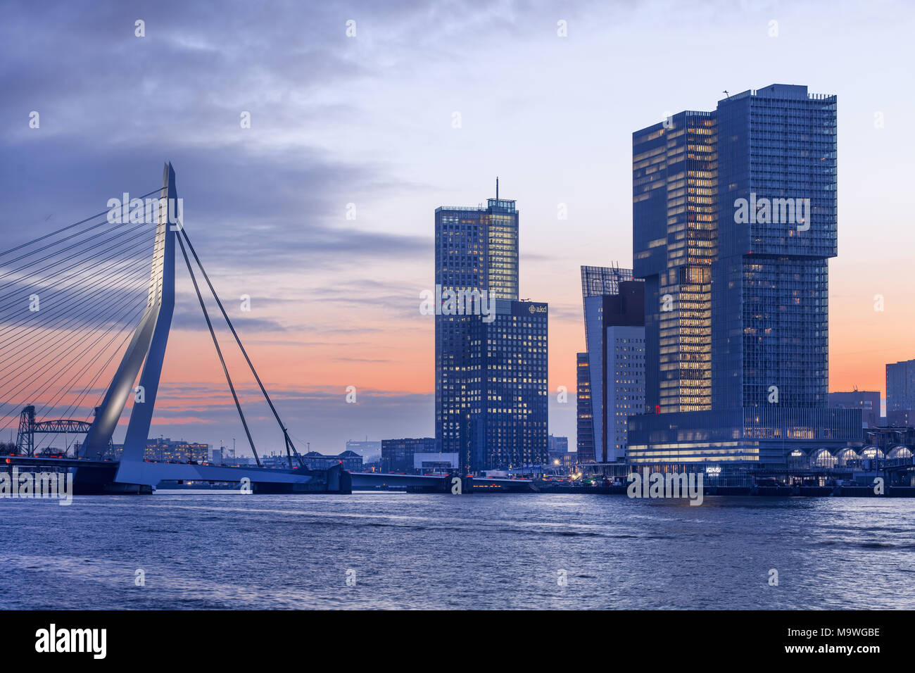 ROTTERDAM-FEBRUARY 8, 2018. Day break view on Erasmus Bridge, icon of ...
