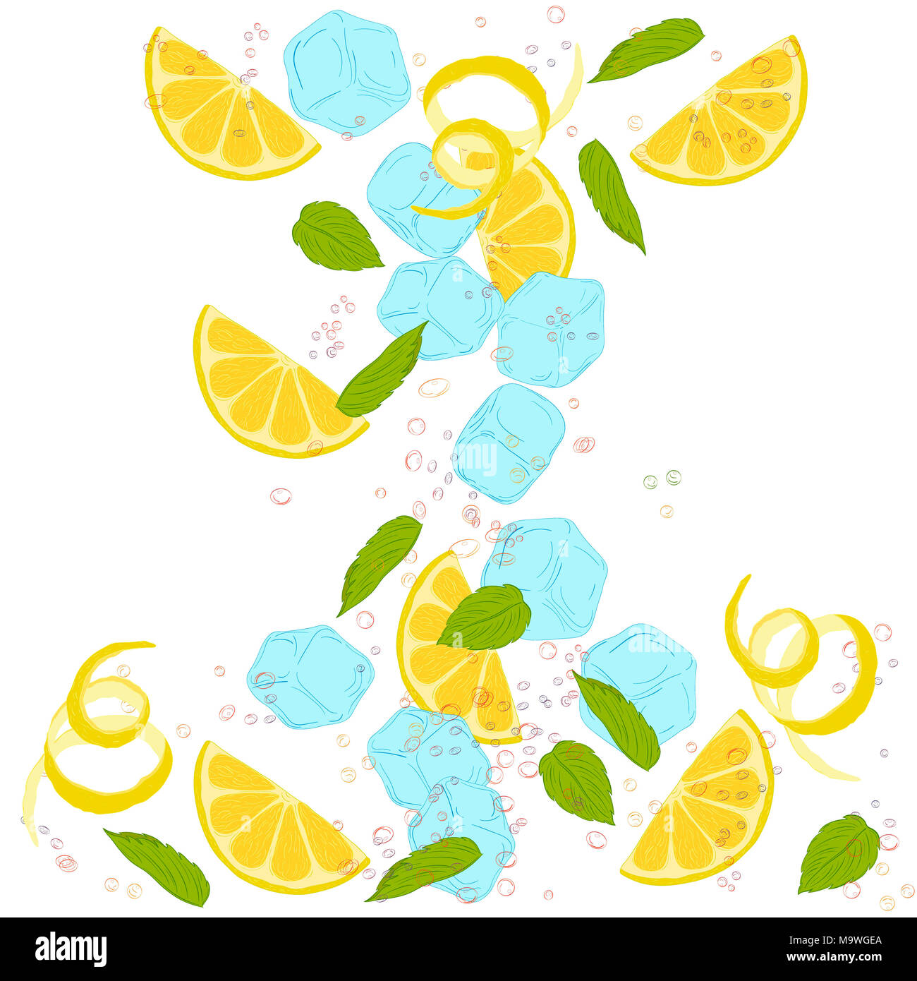pattern lemonade, carbonated water, lemon slices, lemon peel, lemon peel, ice cubes, air bubbles ...