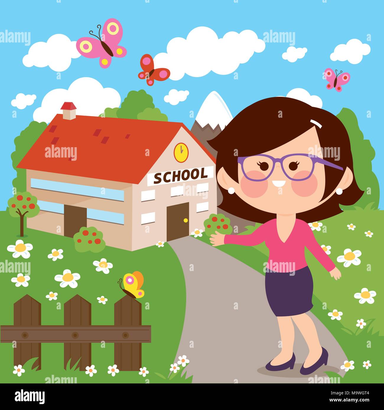 Female teacher in front of a cute school building in a green yard with ...